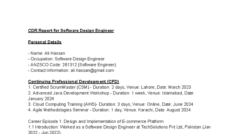 CDR Report for Software Design Engineer - Ali Hassan (ANZSCO 261312 ...