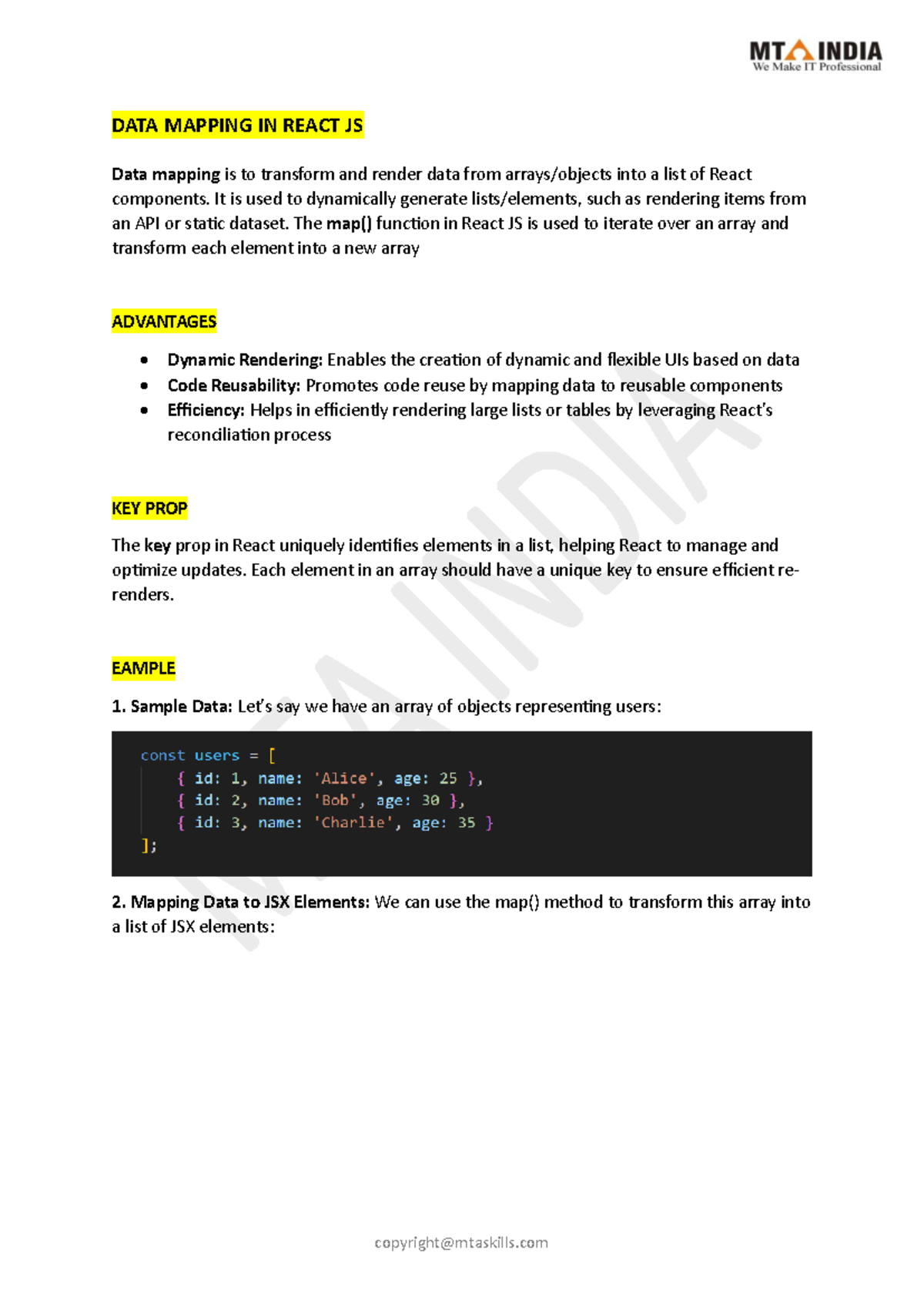 DATA MAPPING IN REACT JS: Understanding map() & Key Prop - Studocu