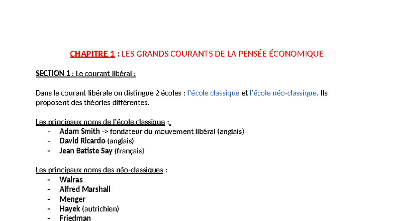 Chapitre 1 : Les Grands Courants de la Pensée Économique - Cours - Studocu