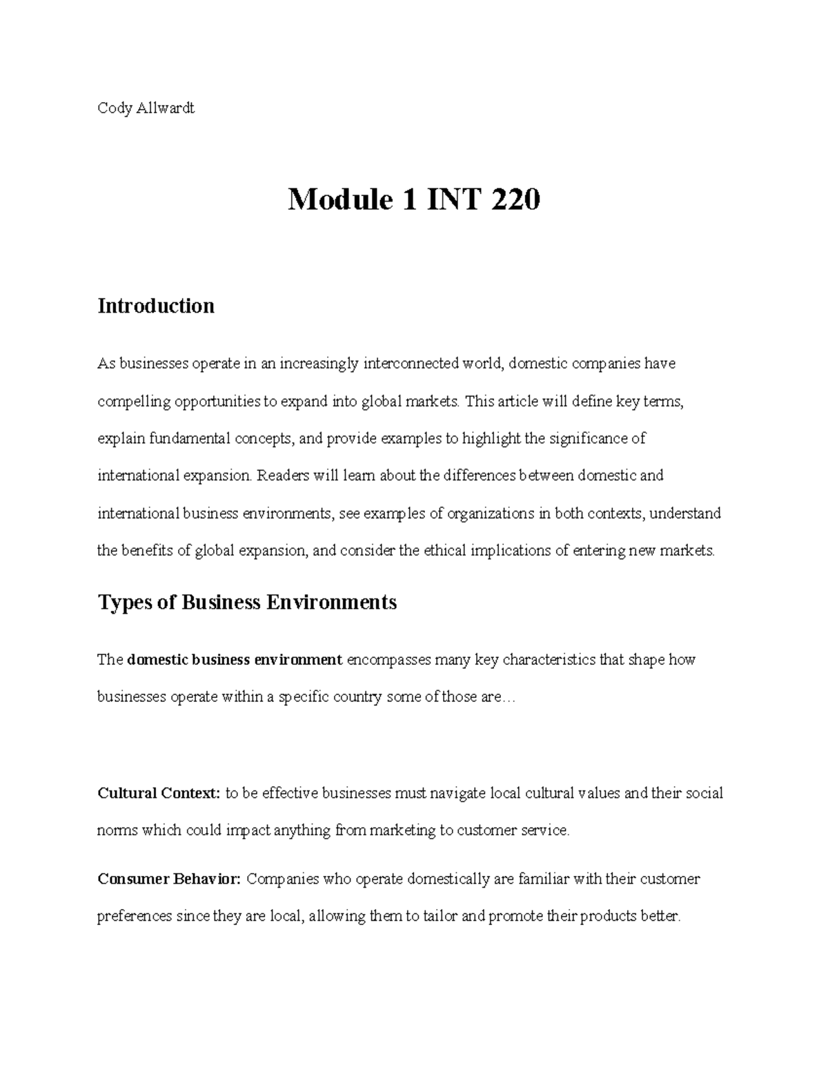 INT 220 - Understanding Global vs. Domestic Business Environments - Studocu