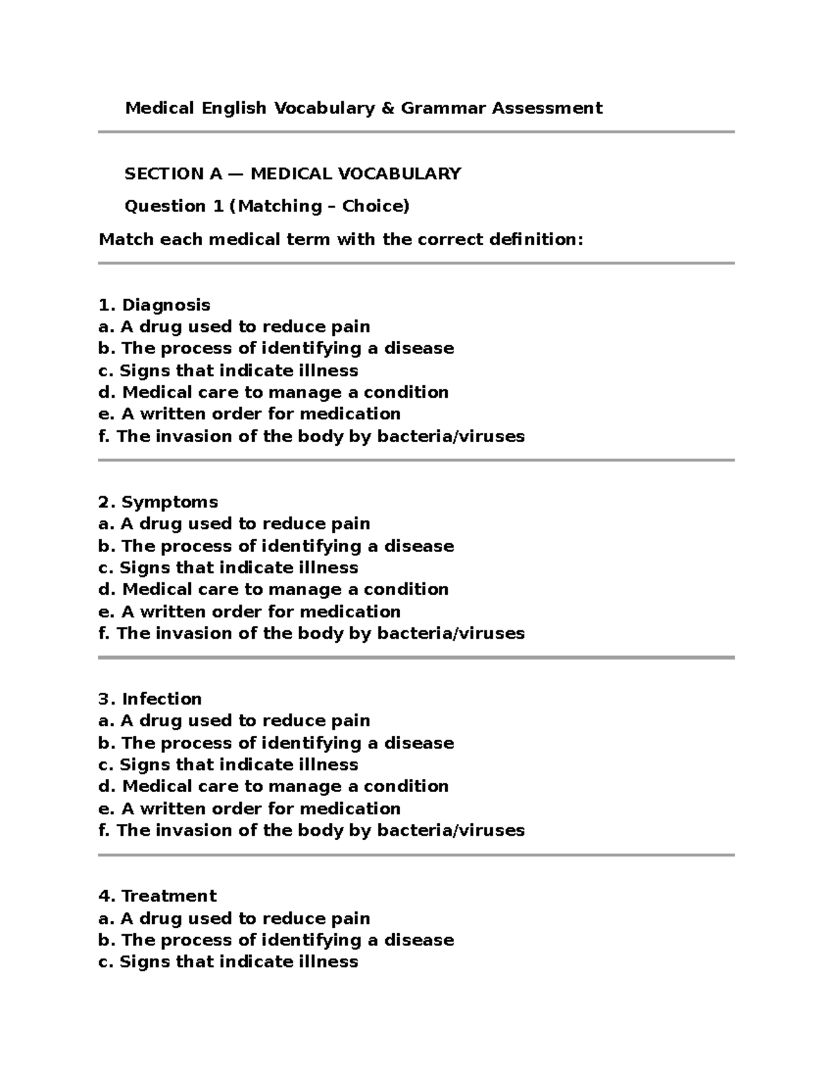 QUIZ - MEDICAL ENGLISH VOCABULARY ASSESSMENT - Studocu
