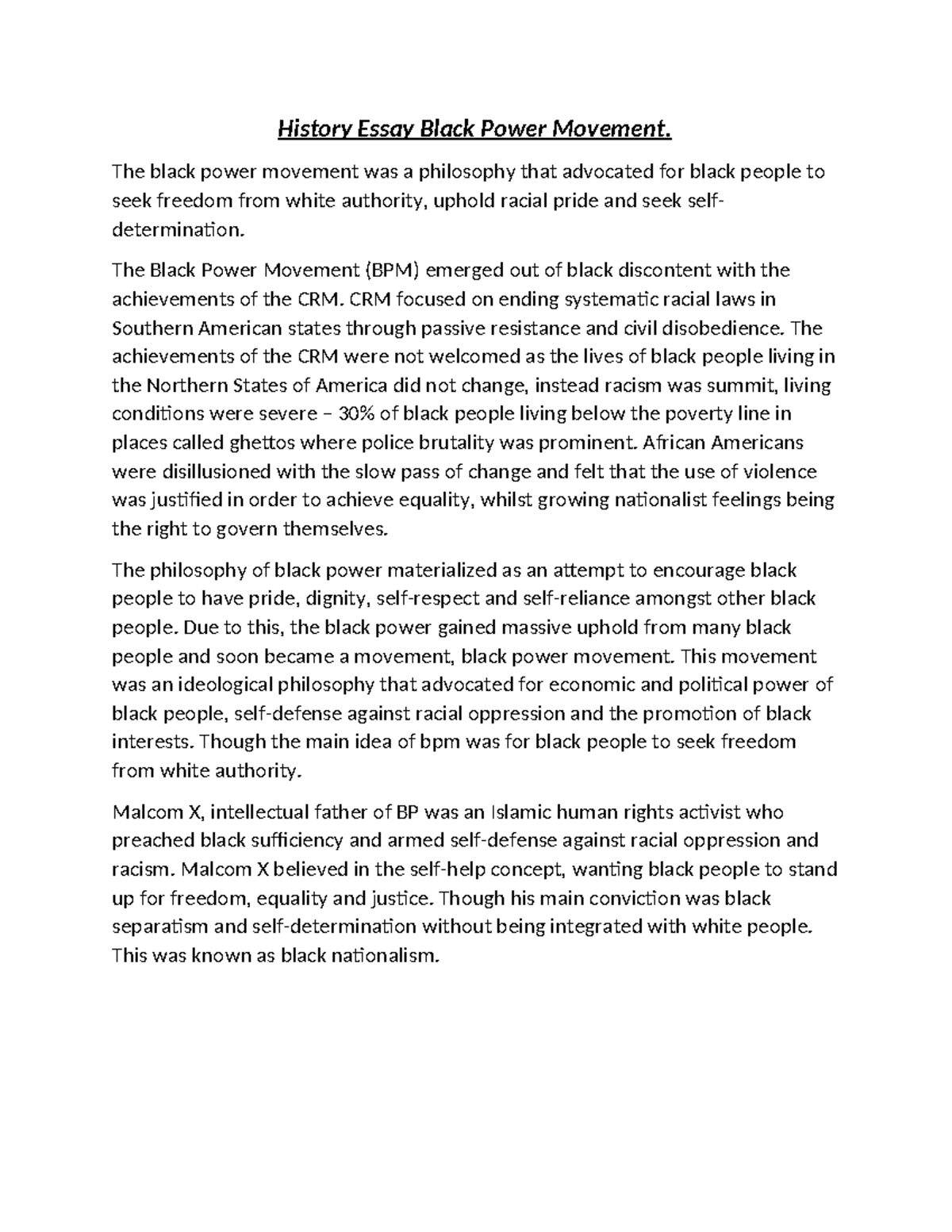 History Essay: The Black Power Movement (BPM) and Its Impact - Studocu