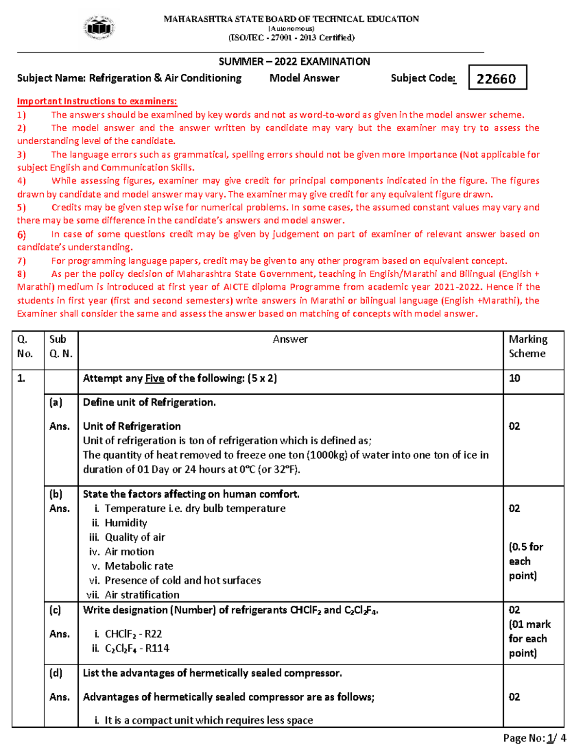 Model Answer Paper for Refrigeration & Air Conditioning (22660 ...