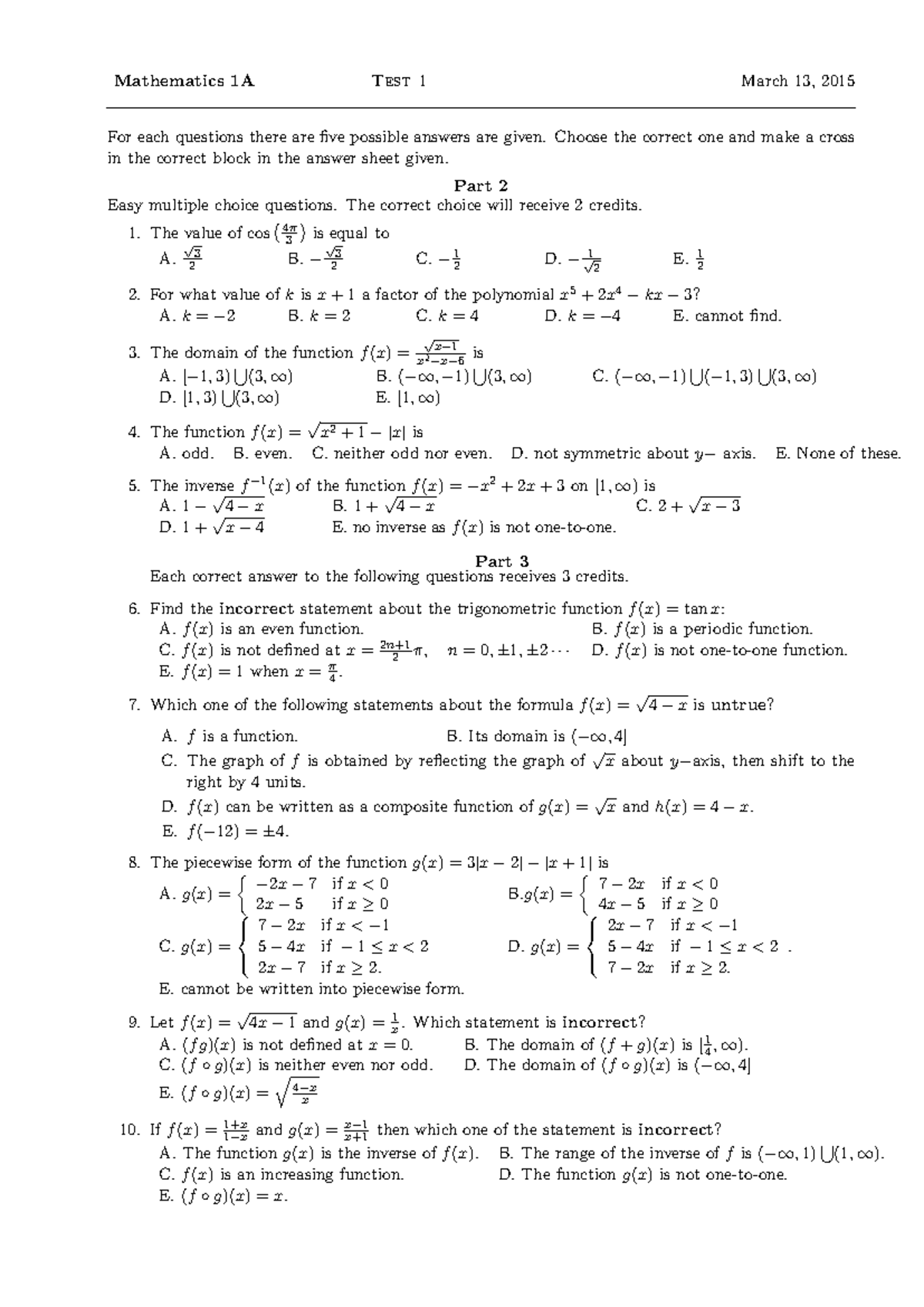 Math131 Test 1 - Multiple Choice Questions and Answers - Studocu