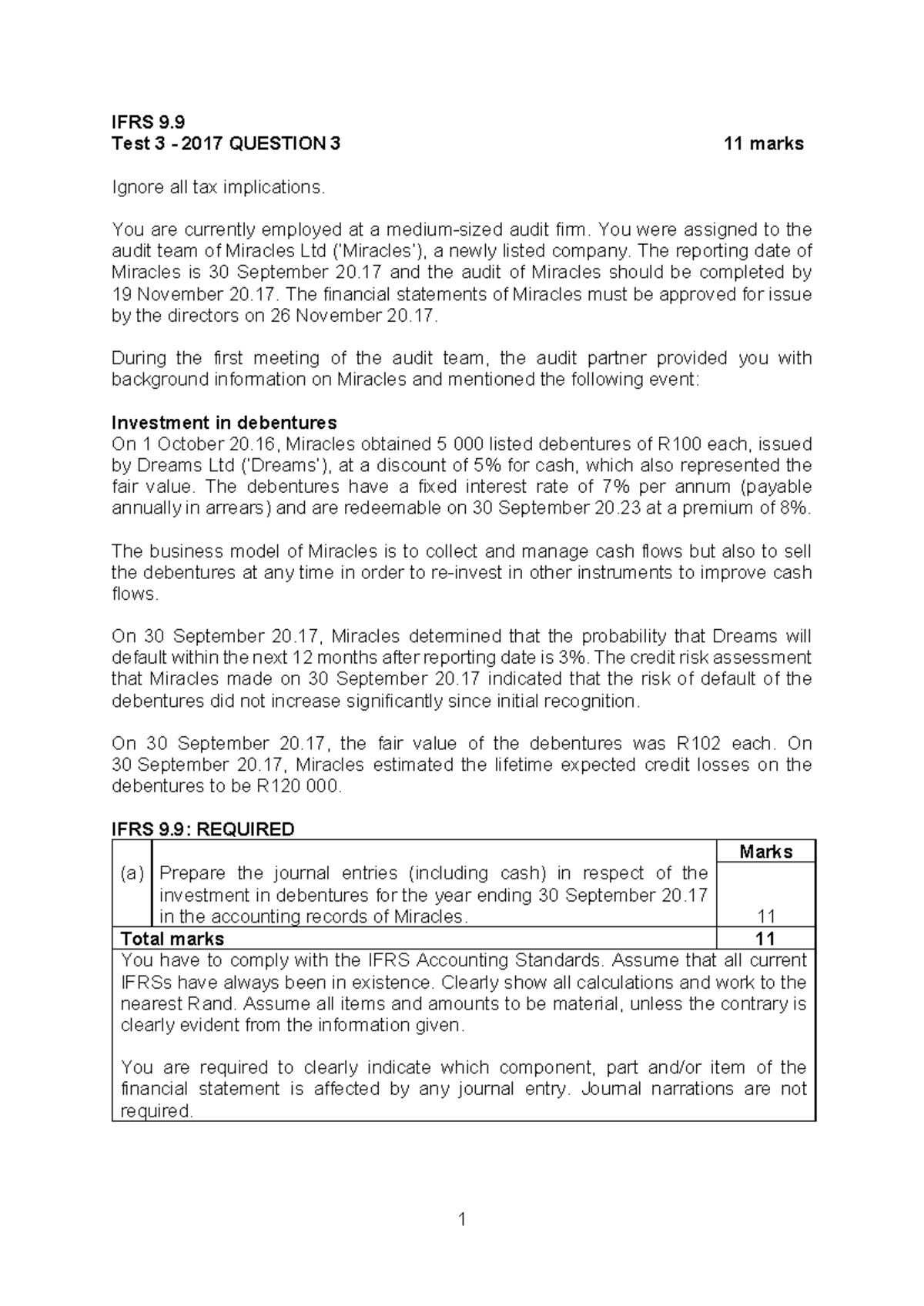 IFRS 9.9 Test 3 2017: Journal Entries for Miracles Ltd Debentures Audit ...