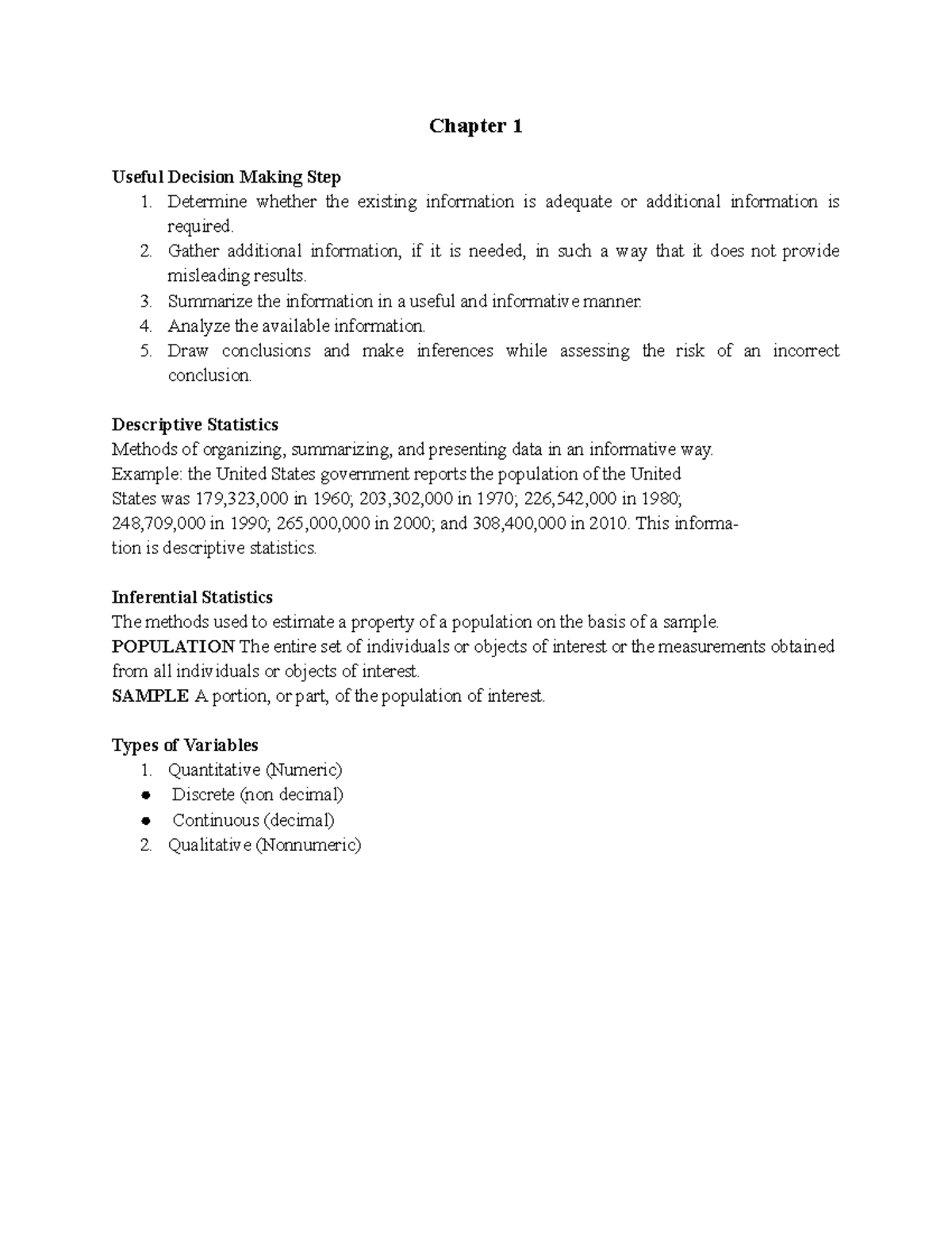 Stat 101: Chapter 1 - Decision Making & Descriptive Statistics Overview - Studocu