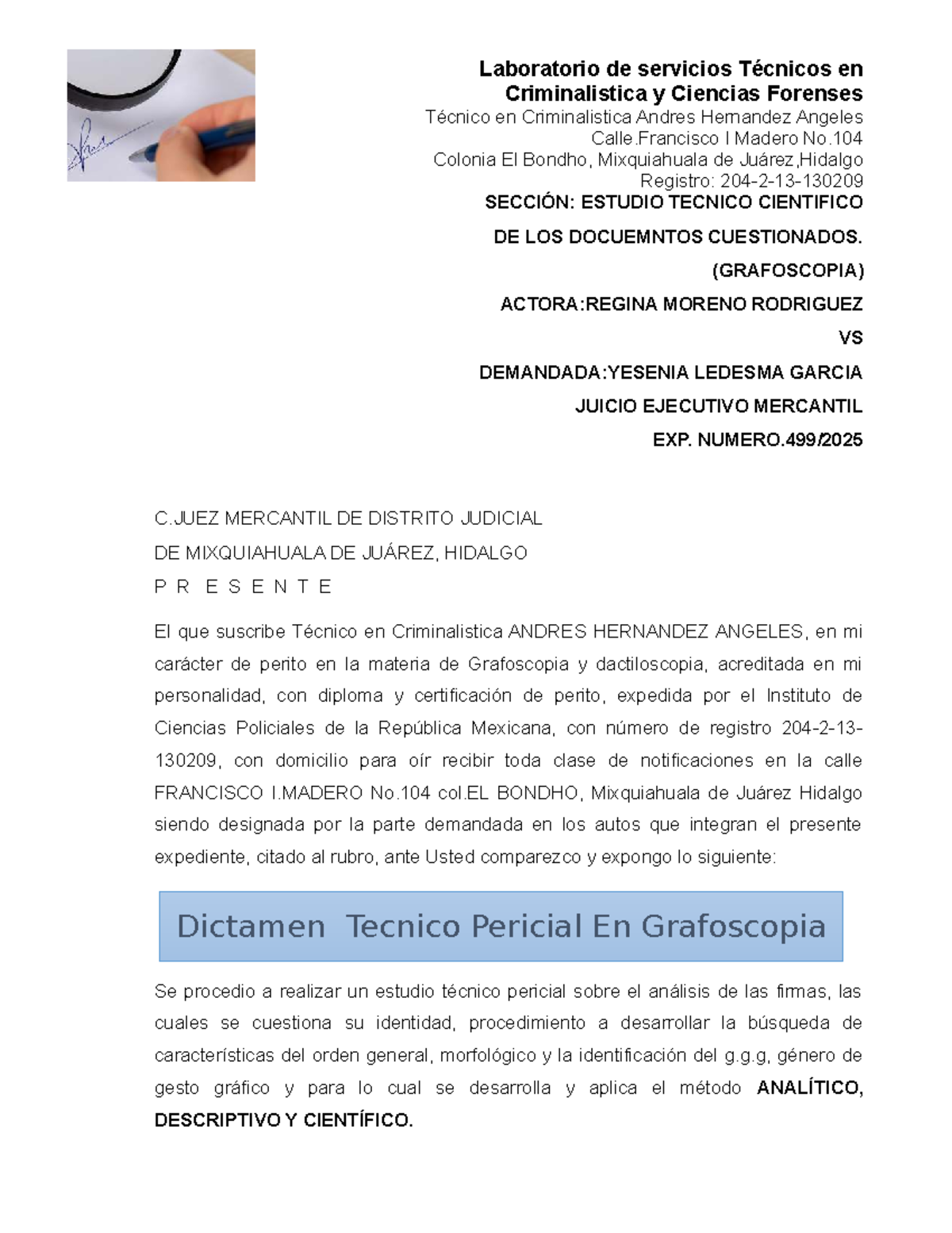 Peritaje en Grafoscopía: Estudio Técnico de Firma C.JUEZ MERCANTIL ...