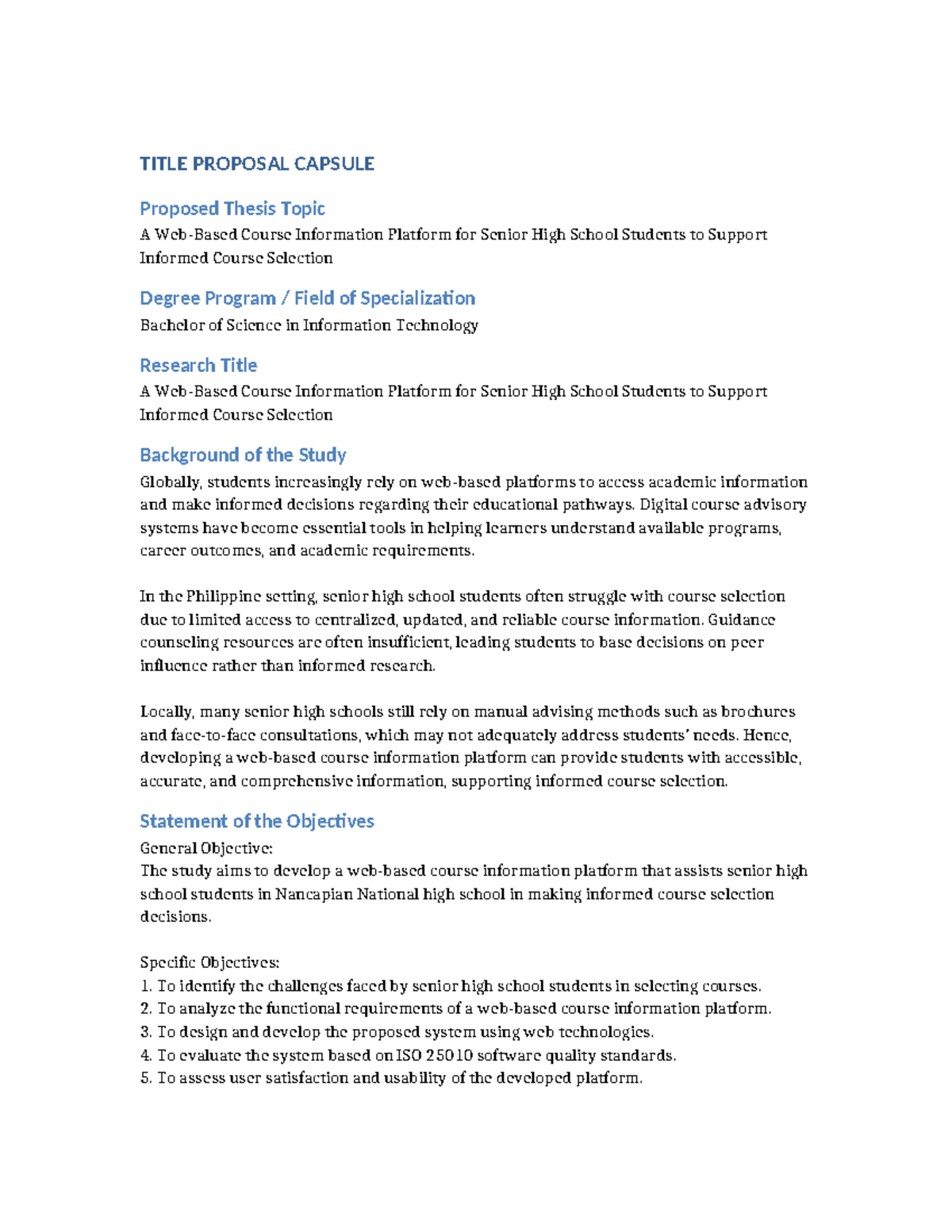 Thesis Proposal: Web-Based Course Info Platform for SHS Students - Studocu