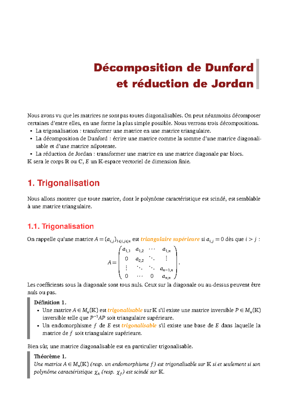 Décomposition de Dunford et Réduction de Jordan - Cours de ...