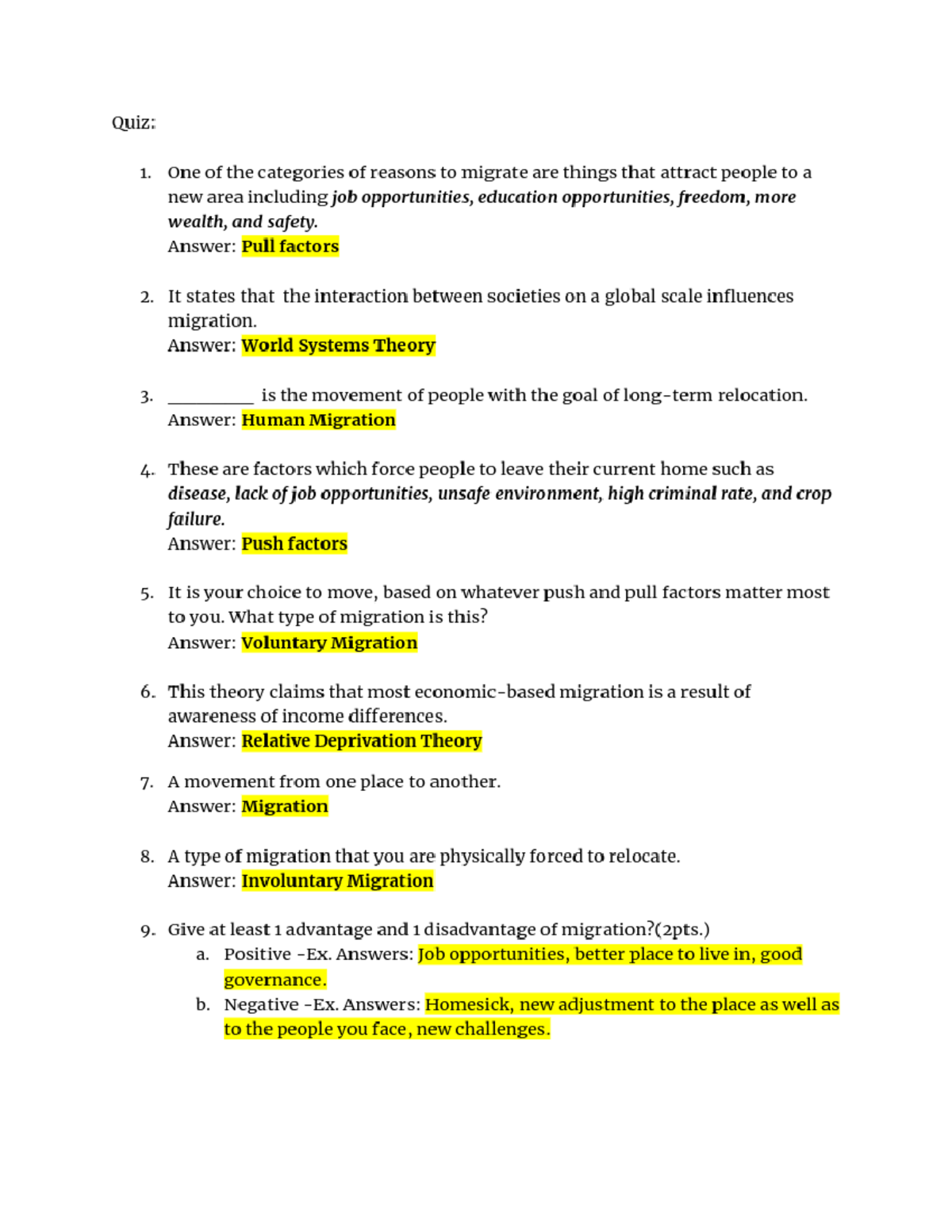 Global Migration Quiz - BS Agriculture - Studocu