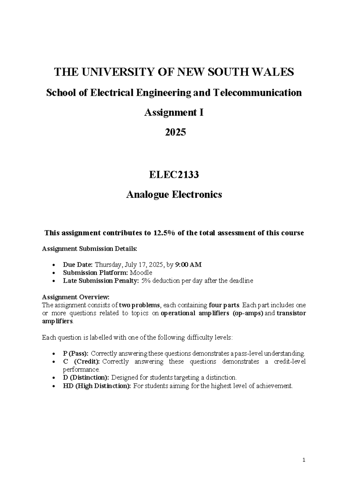 ELEC2133 Assignment I: Analogue Electronics Overview 2025 - Studocu