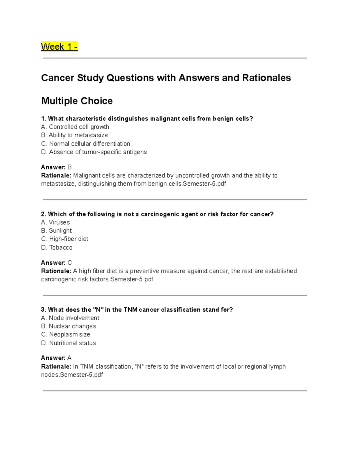 Week 1 Cancer Study Questions & Answers (Medsurg) - Studocu