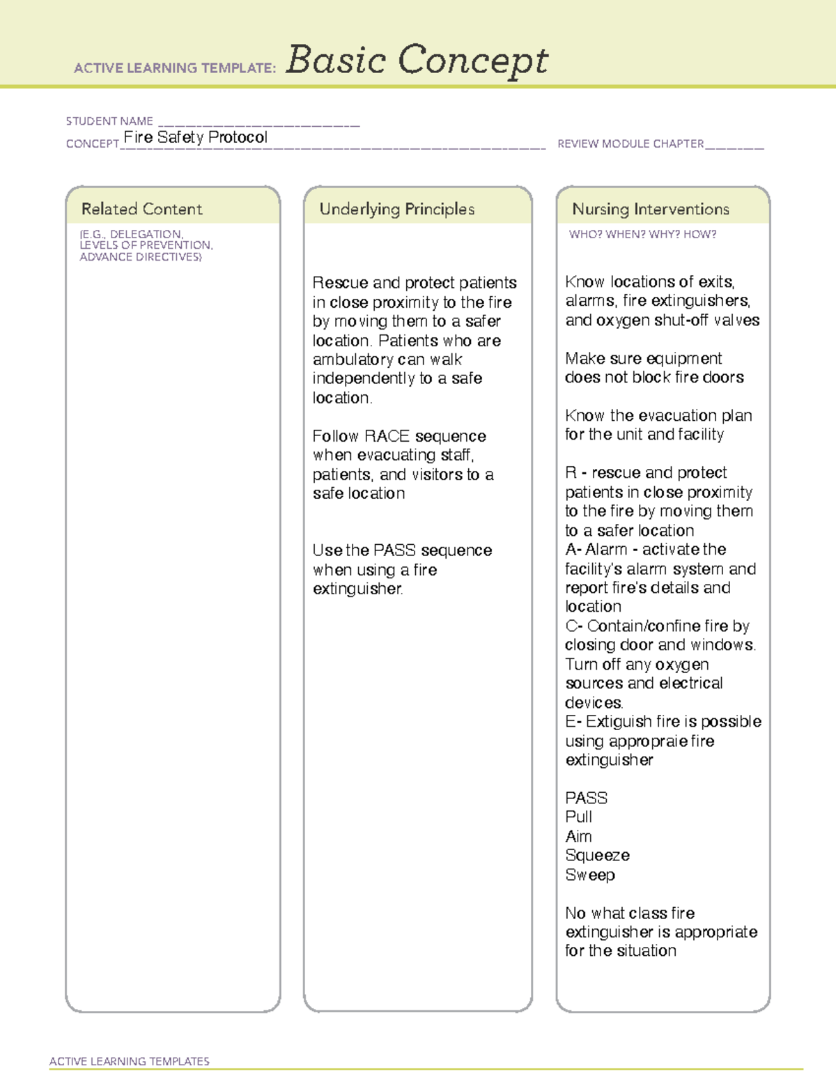 Fire Safety Protocol - ATI Basic Concept - NUR 212 - ACTIVE LEARNING ...
