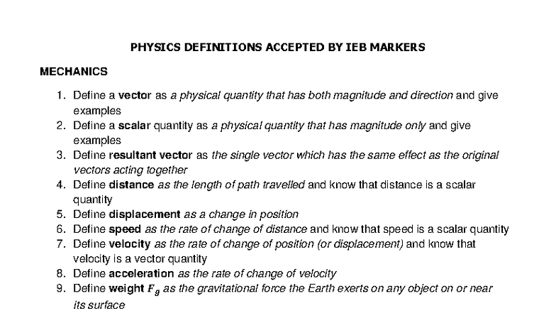 Physics Definitions IEB Markers Mechanics: Key Concepts and Terms - Studocu