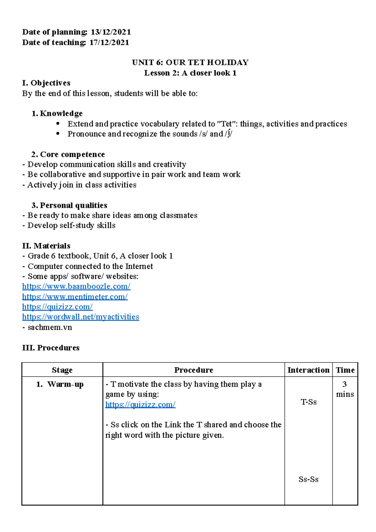 Lesson Plan UNIT 6: A Closer Look 1 for Grade 6 Students - Studocu