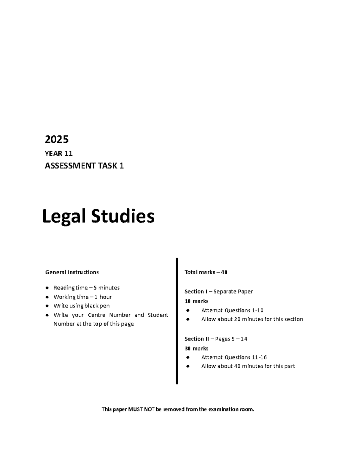 11 Legal Studies Task 1 (Section II Paper) - 2025 YEAR 11 ASSESSMENT ...