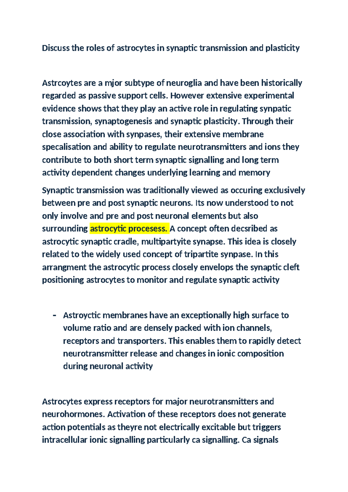 Astrocytes in Synaptic Transmission & Plasticity: A Comprehensive ...