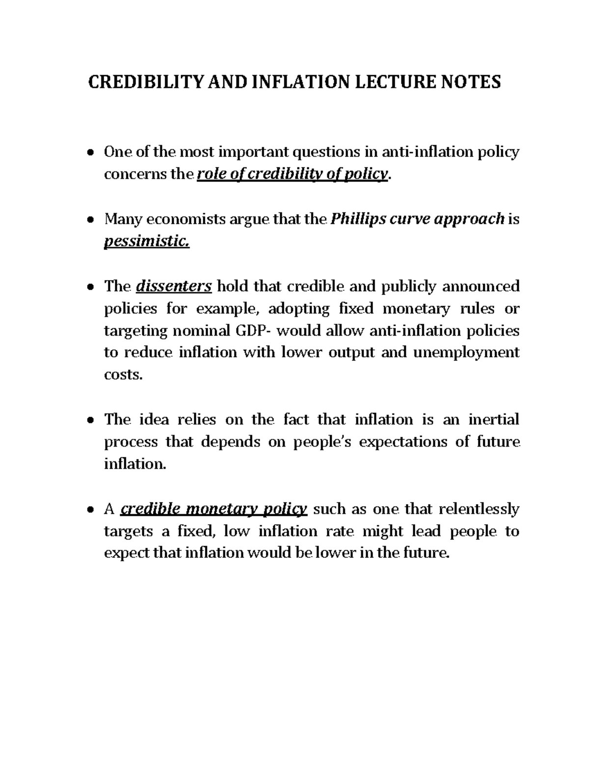 Credibility and Inflation Lecture Notes - CREDIBILITY AND INFLATION ...