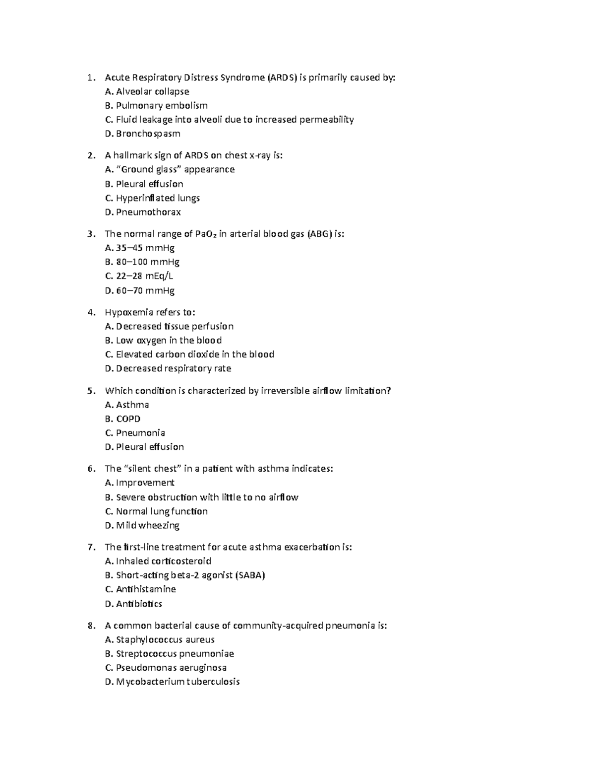 NCM 2011 Midterm Exam: Acute Respiratory Distress Syndrome (ARDS ...