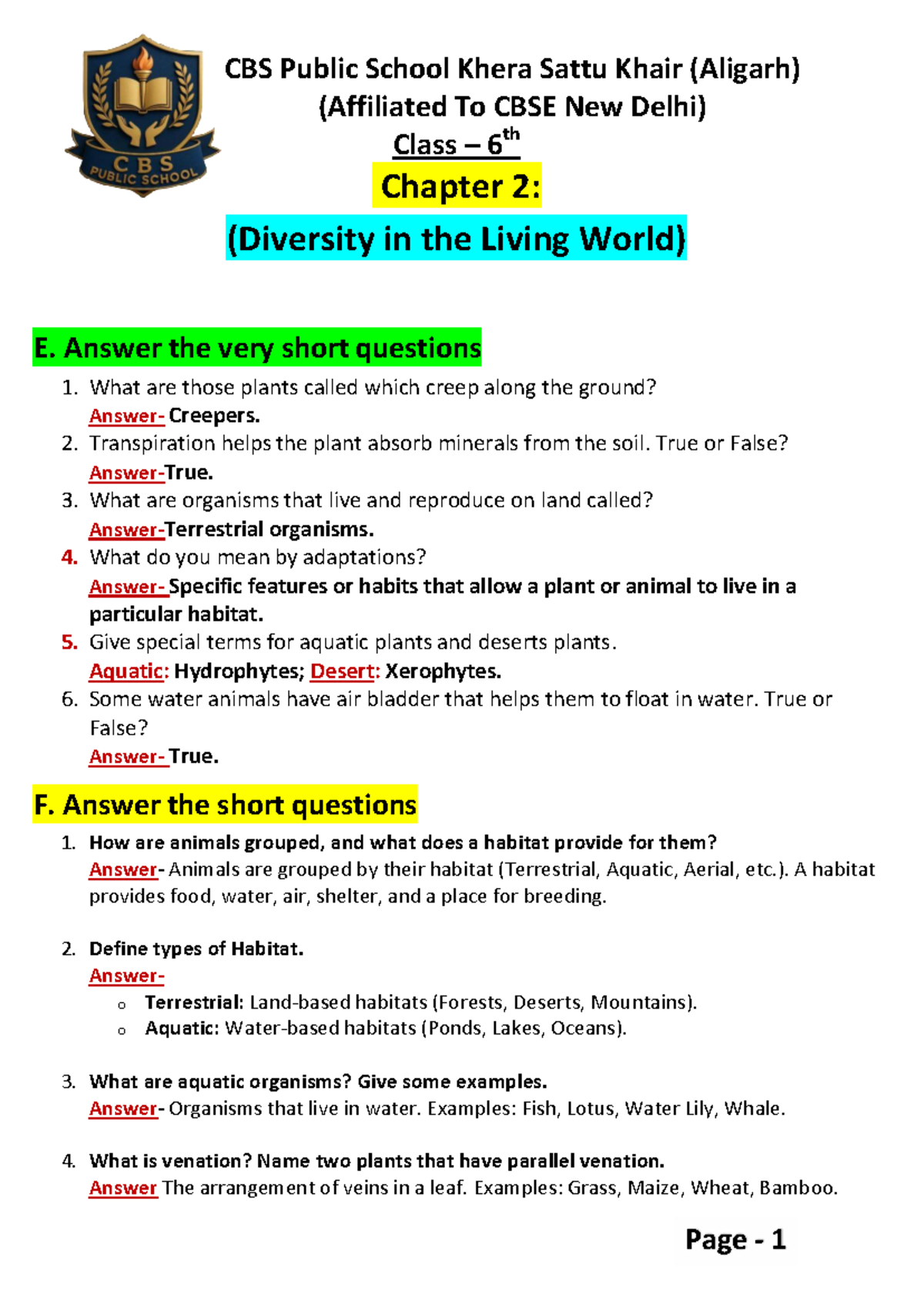 CBS Class 6 Science Chapter 2: Diversity in the Living World Notes ...