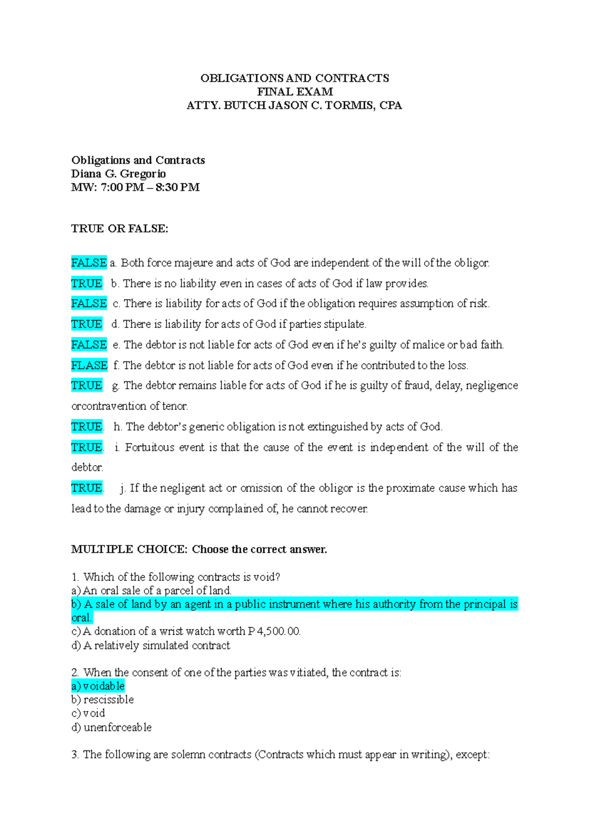 Final Exam Oblicon - answer - OBLIGATIONS AND CONTRACTS FINAL EXAM ATTY ...