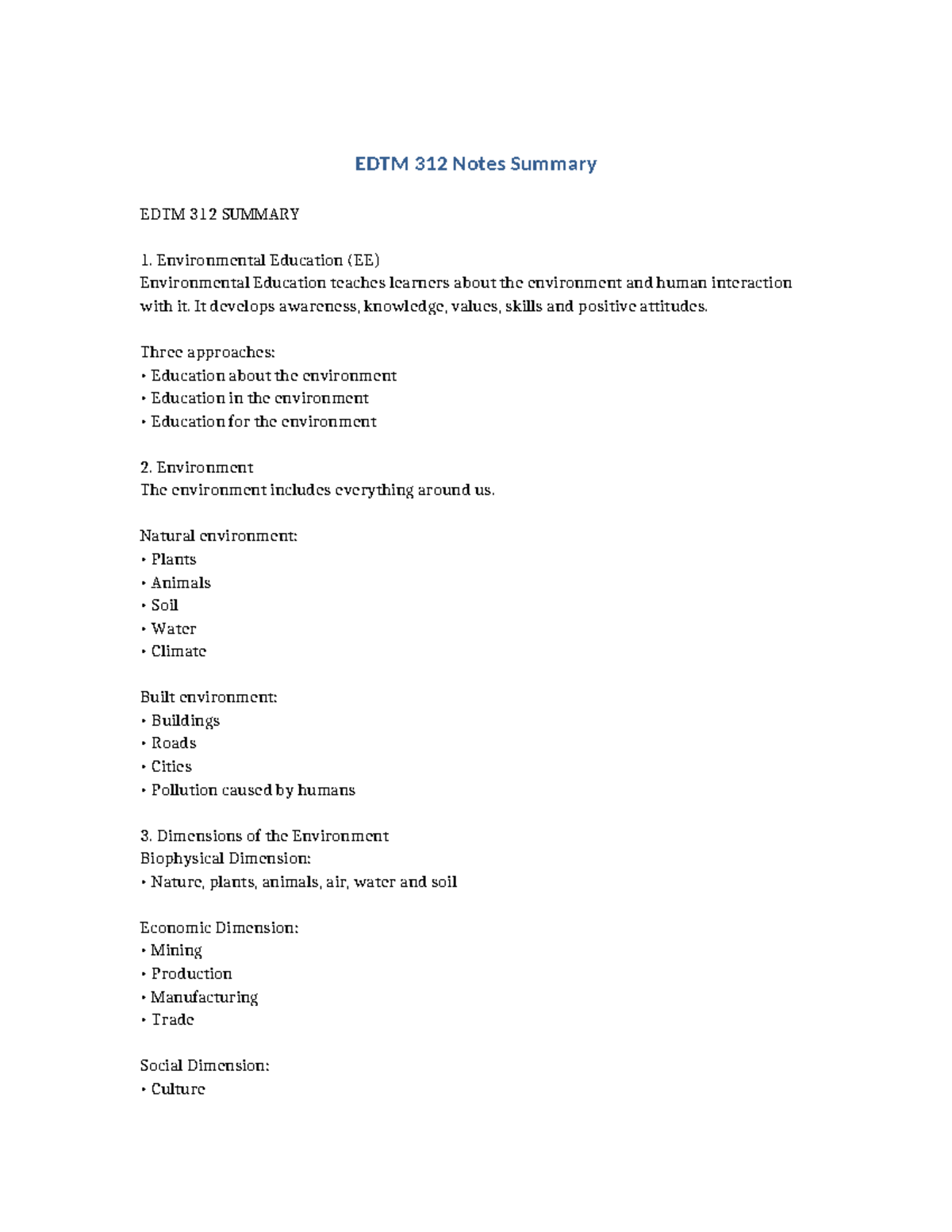 EDTM 312 Final Exam Study Notes: Environmental Education & Issues - Studocu