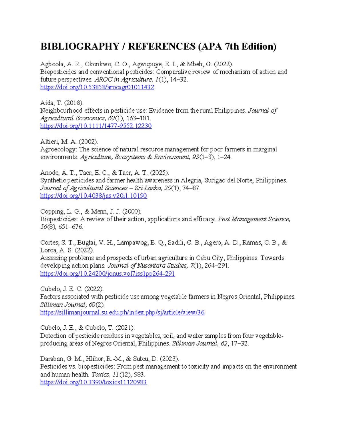 Bibliography References for Pesticide Studies (APA 7th Ed.) - Studocu