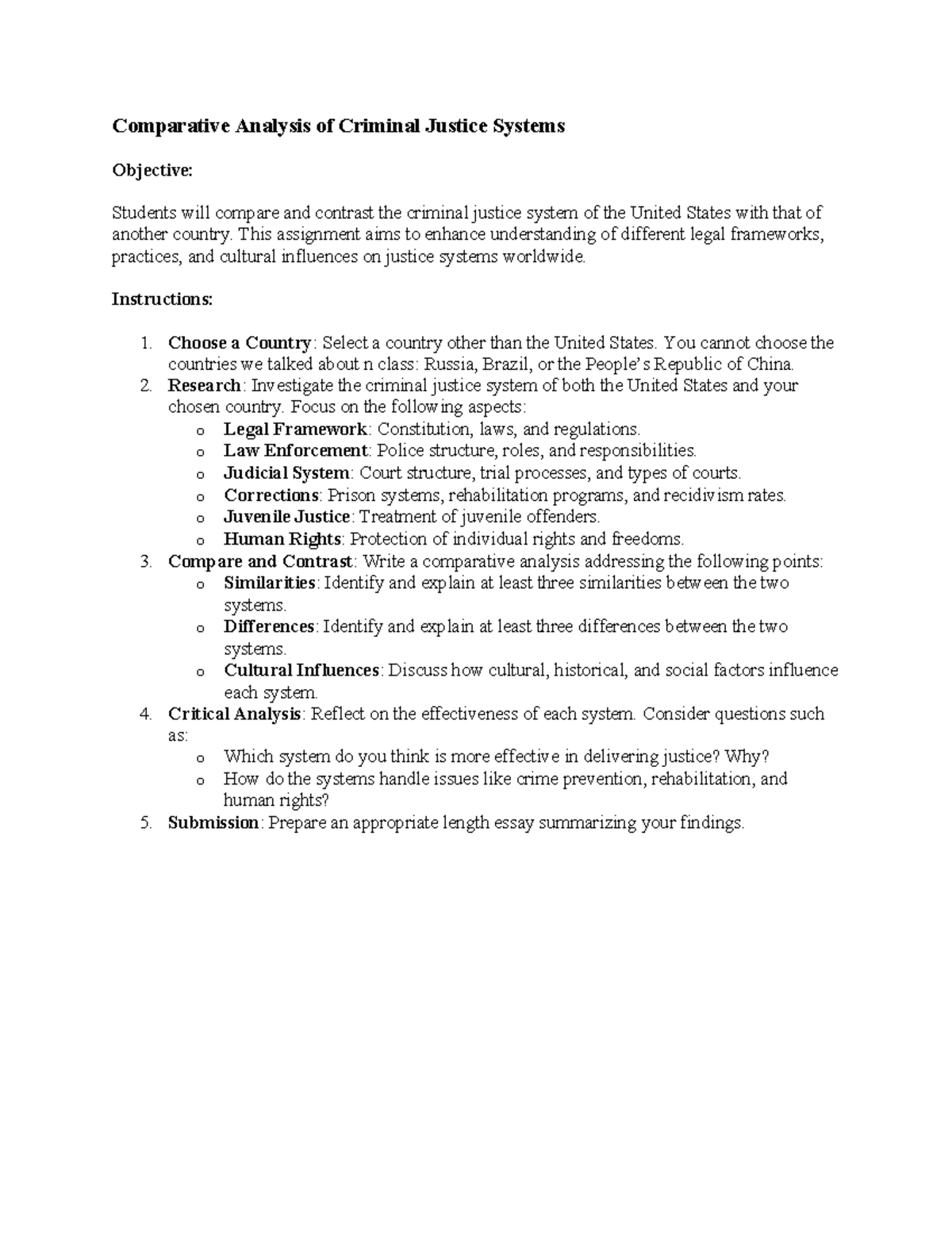 Comparative Analysis of US & International Criminal Justice Systems ...