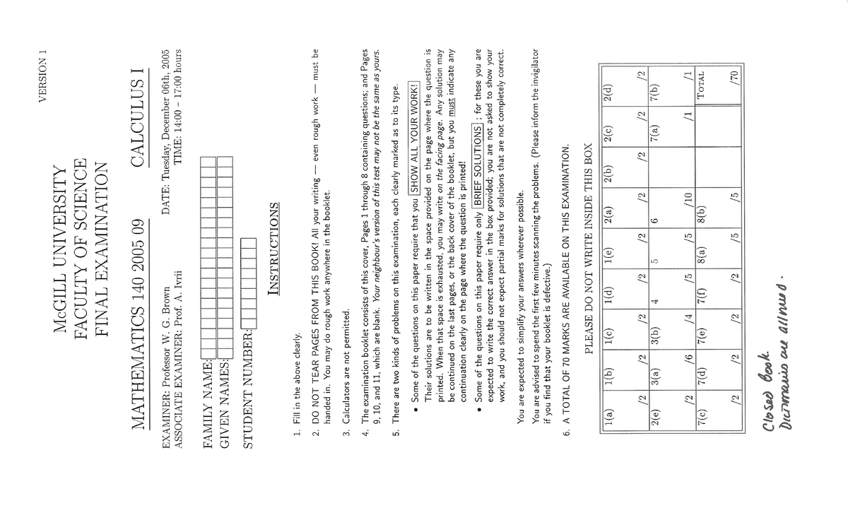 MATH 140 Final Exam December 2005 - Calculus I Version 1 - Studocu