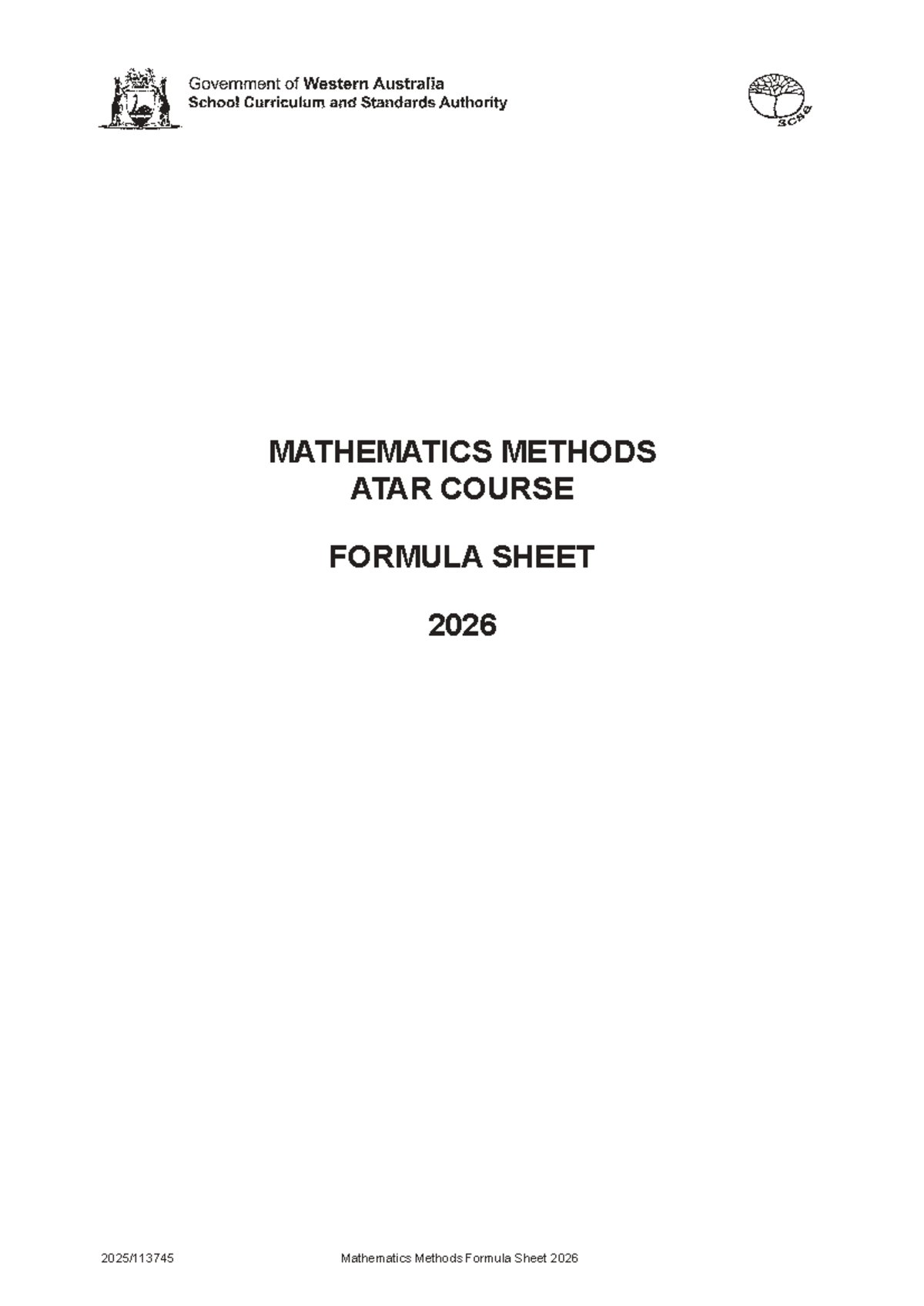 MATHEMATICS METHODS ATAR 2026 FORMULA SHEET - Studocu