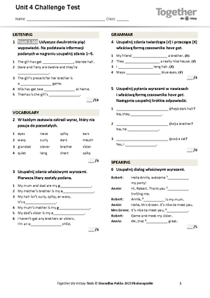 English adventure 3 unit test 5 - 0 – 3 4 – 67 – 10 52 Photocopiable ...