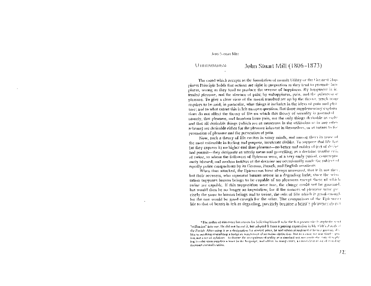Reading - Mill - Utilitarianism - JOHN STUART Mill UTILITARIANISM John ...