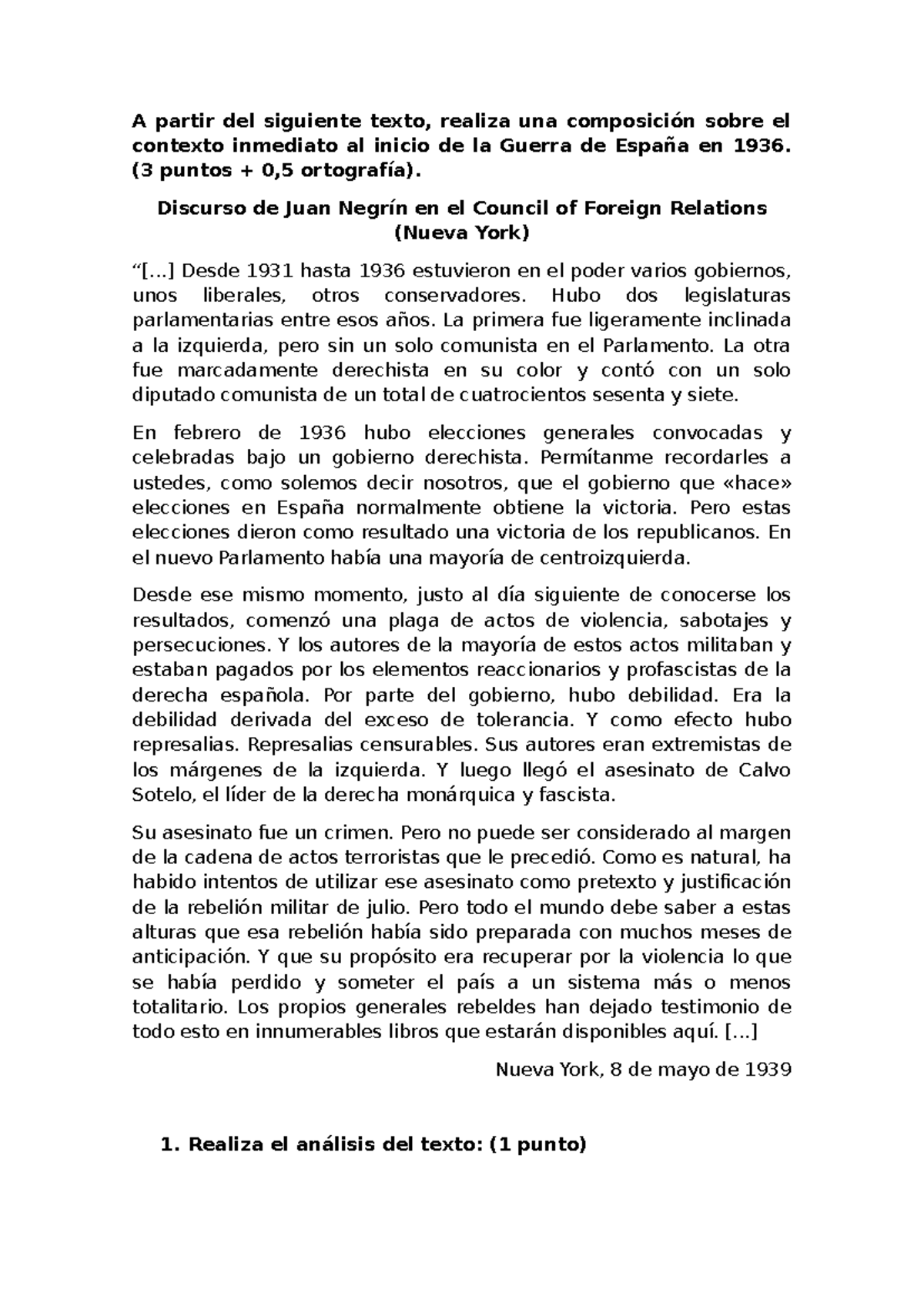 Discurso de Juan Negrín sobre Contexto de la Guerra Civil Española 1936 ...