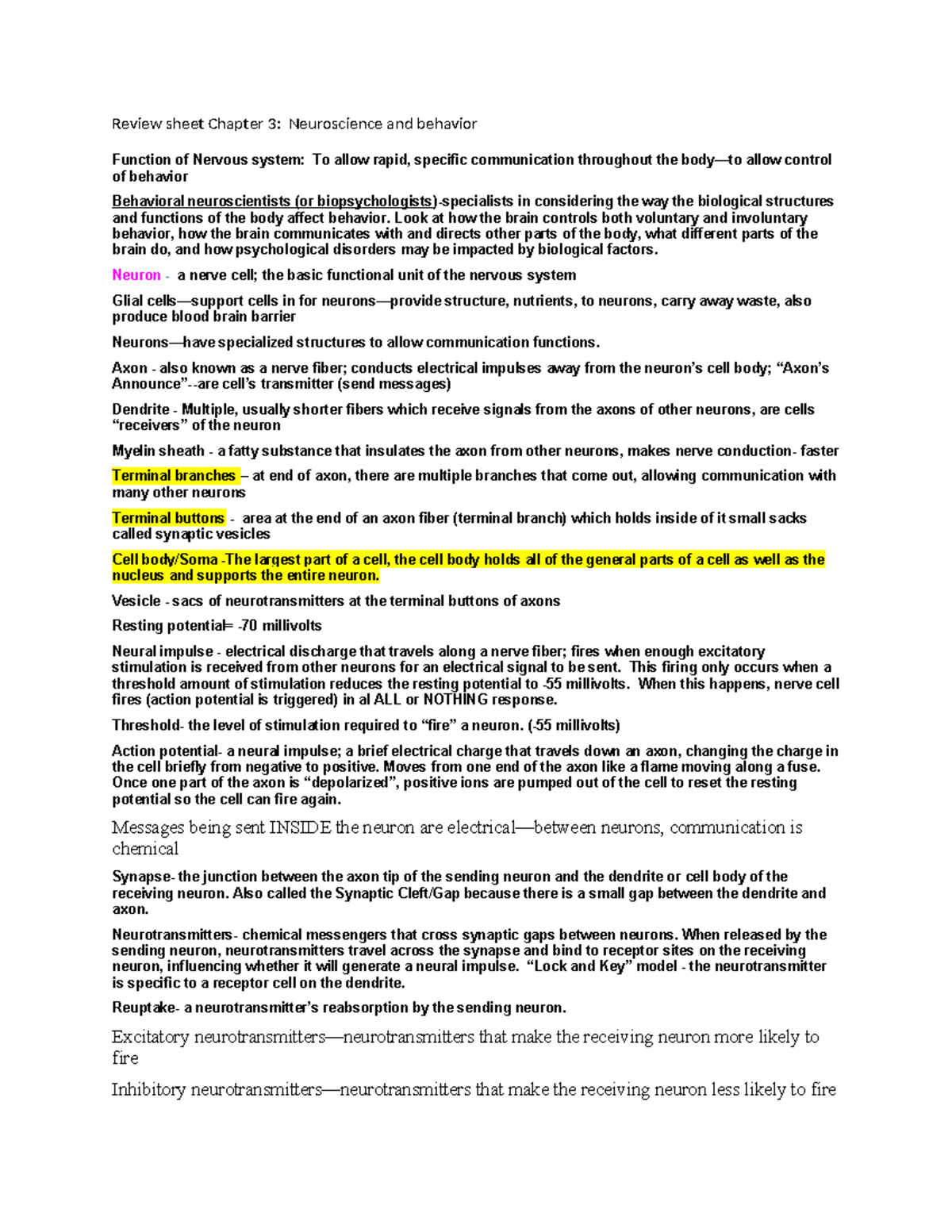 Review Sheet: Chapter 3 - Neuroscience & Behavior (PSY 101) - Studocu
