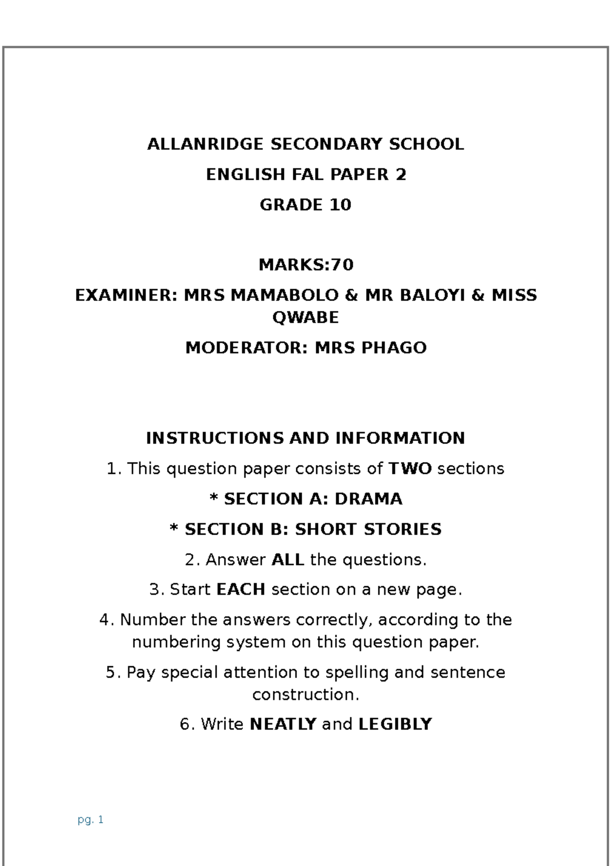 Grade 10 English FAL Term 4 Paper 2 Redo - Drama and Short Stories ...