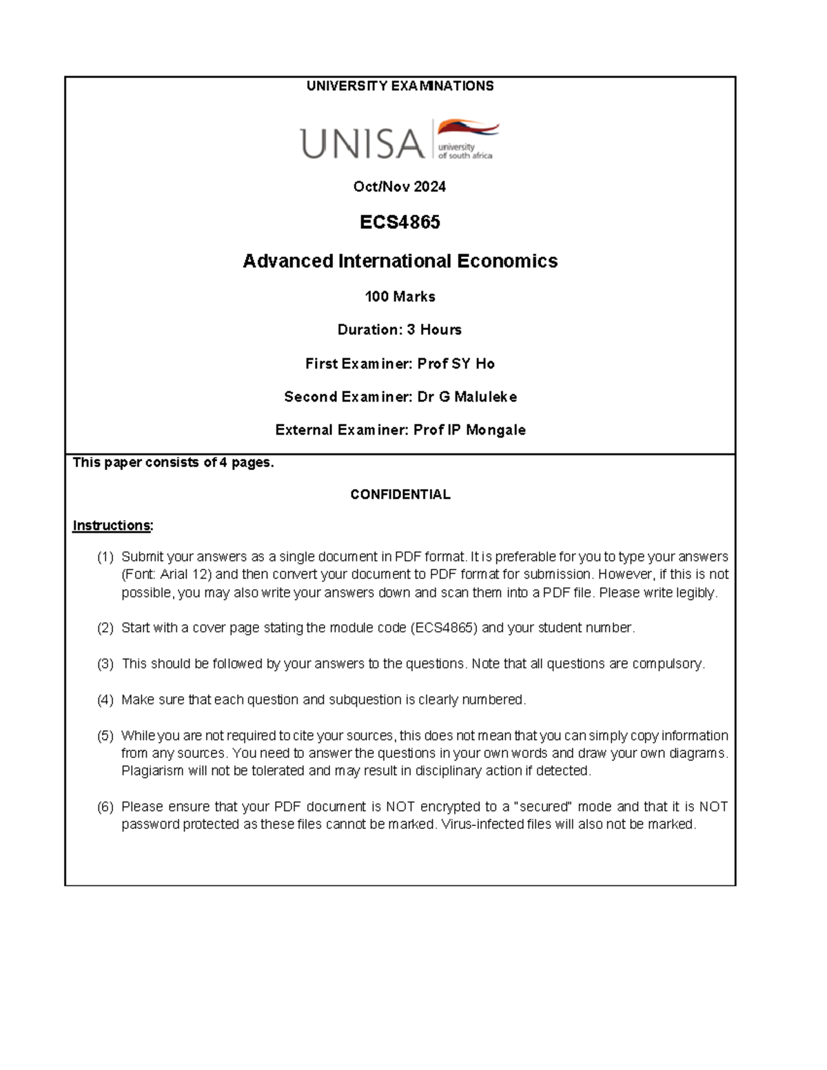 ECS4865 Final Exam Paper: Advanced International Economics 2024 - Studocu