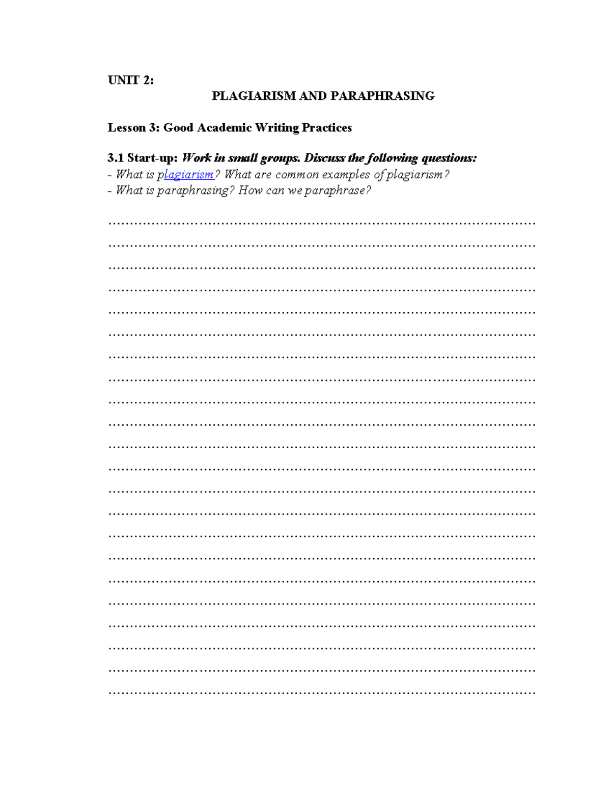 UNIT 2: PLAGIARISM & PARAPHRASING - Lesson 3 on Academic Writing - Studocu