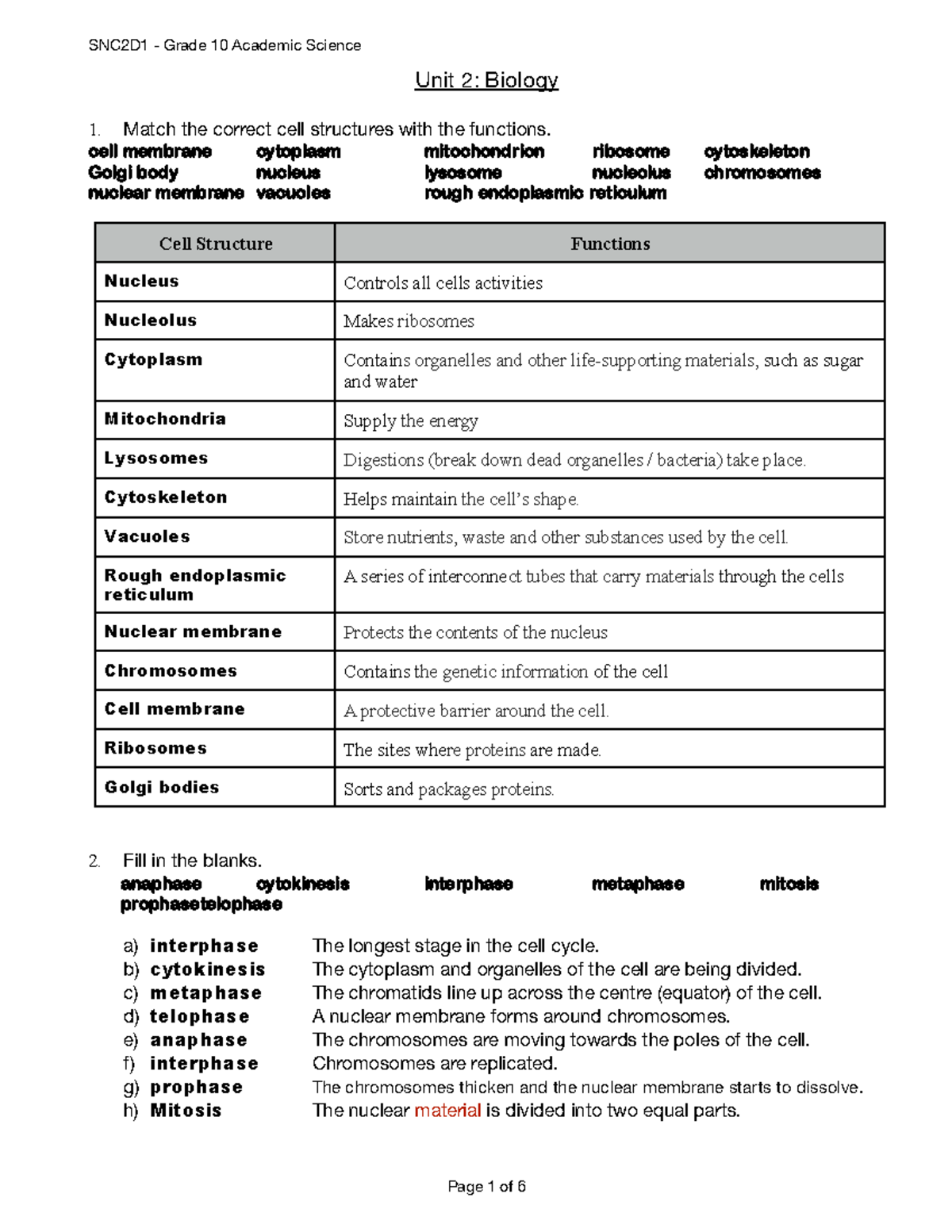 SNC2D1 Grade 10 Science Unit 2: Biology Exam Review Guide - Studocu