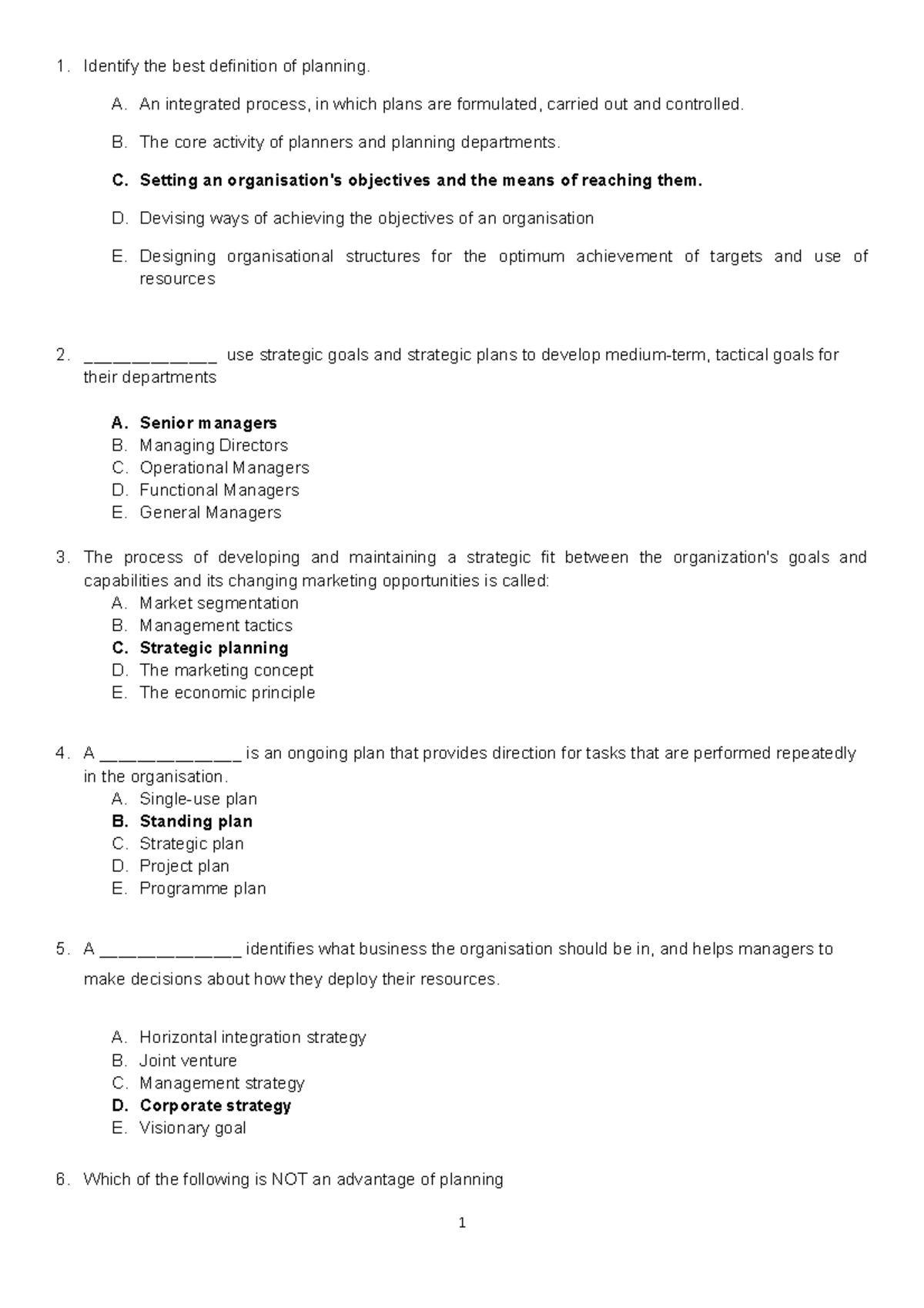MCQs for Chapter 7 - Management Process and Planning Strategies - Studocu