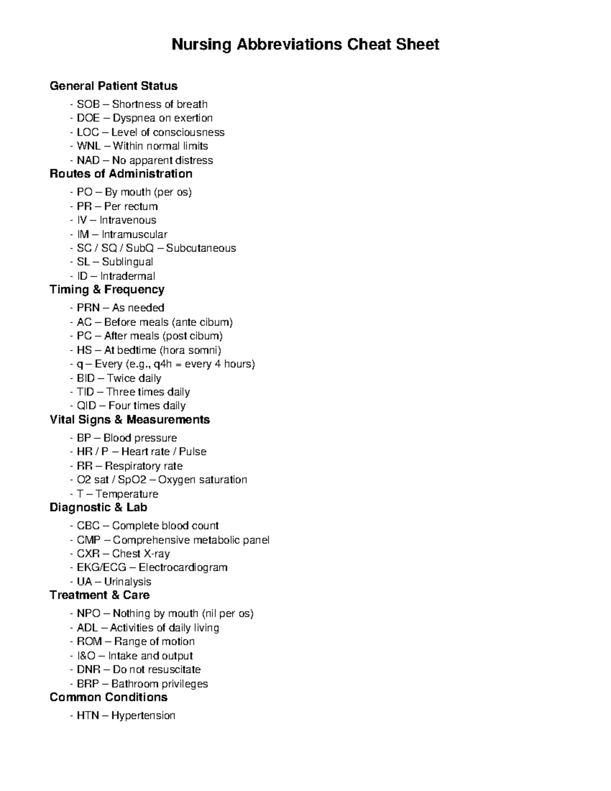 Nursing Abbreviations Cheat Sheet for Patient Care and Status - Studocu