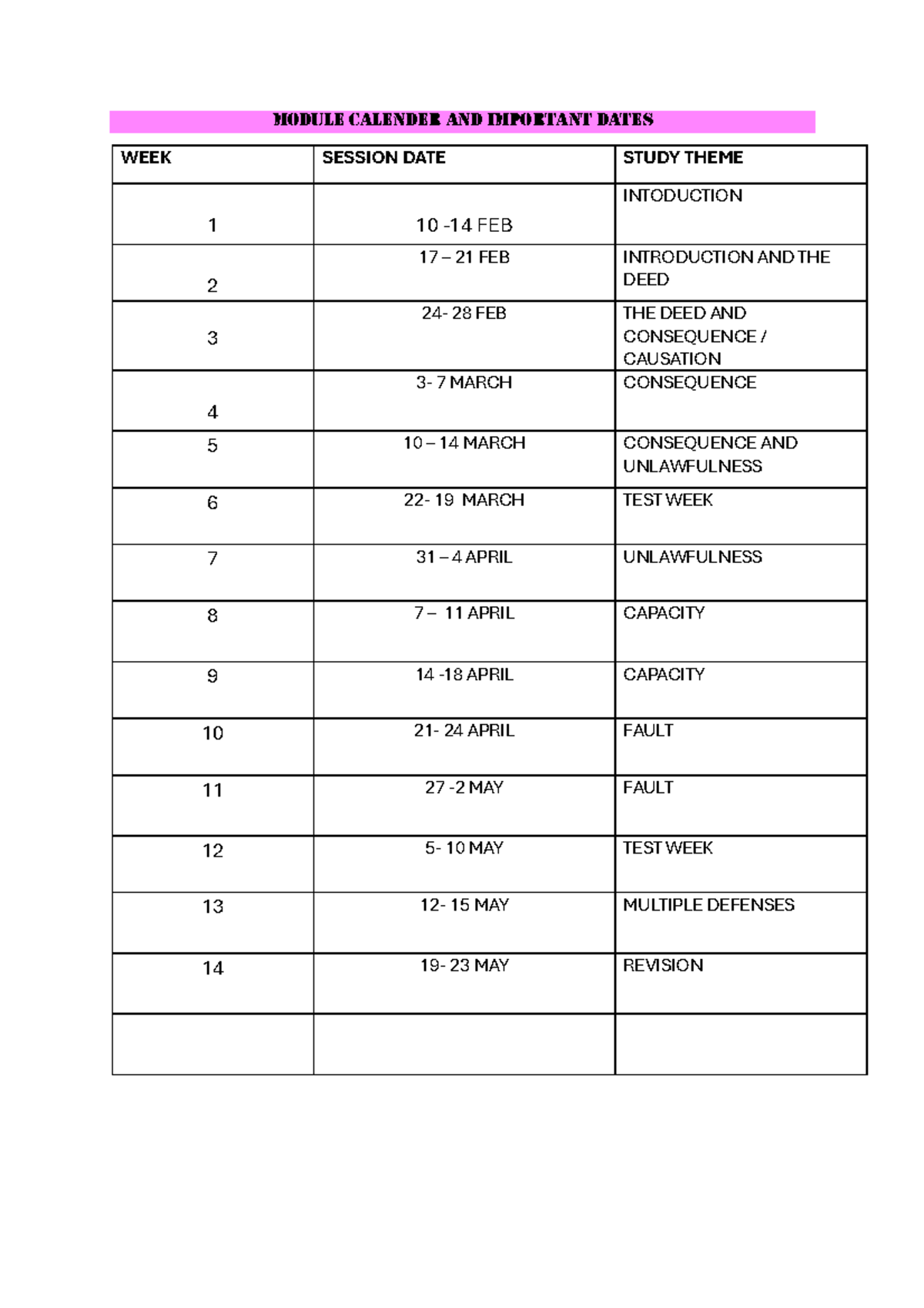 Criminal LAW PBL 410 - summary of my own notes - MODULE CALENDER AND ...