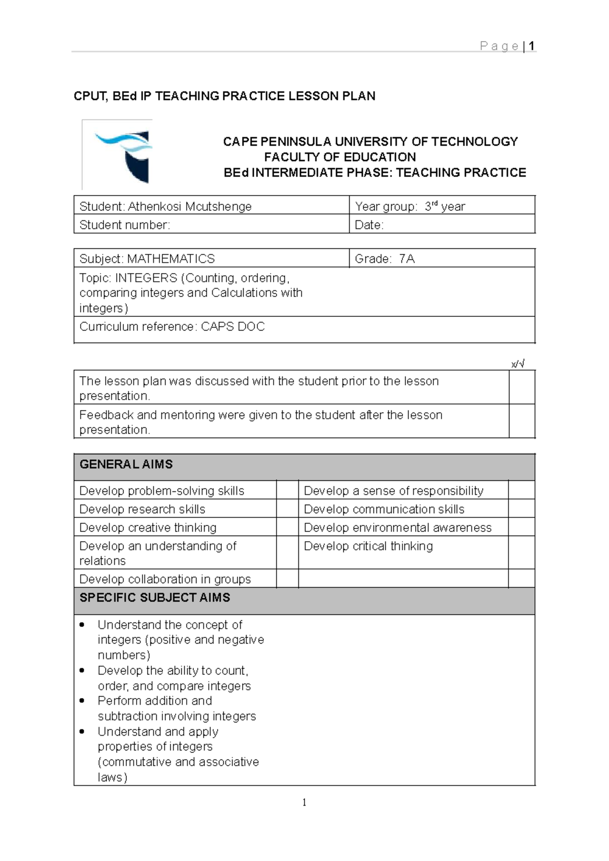 BEd Teaching Practice Lesson Plan: Integers (Grade 7A) - Studocu