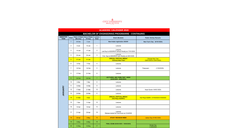 Academic Calendar 2025: Bachelor of Engineering Programme - Studocu