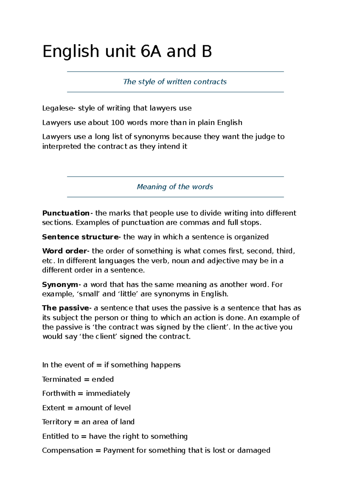 English Unit 6A & B: Understanding Legal Writing Styles and Terms - Studocu