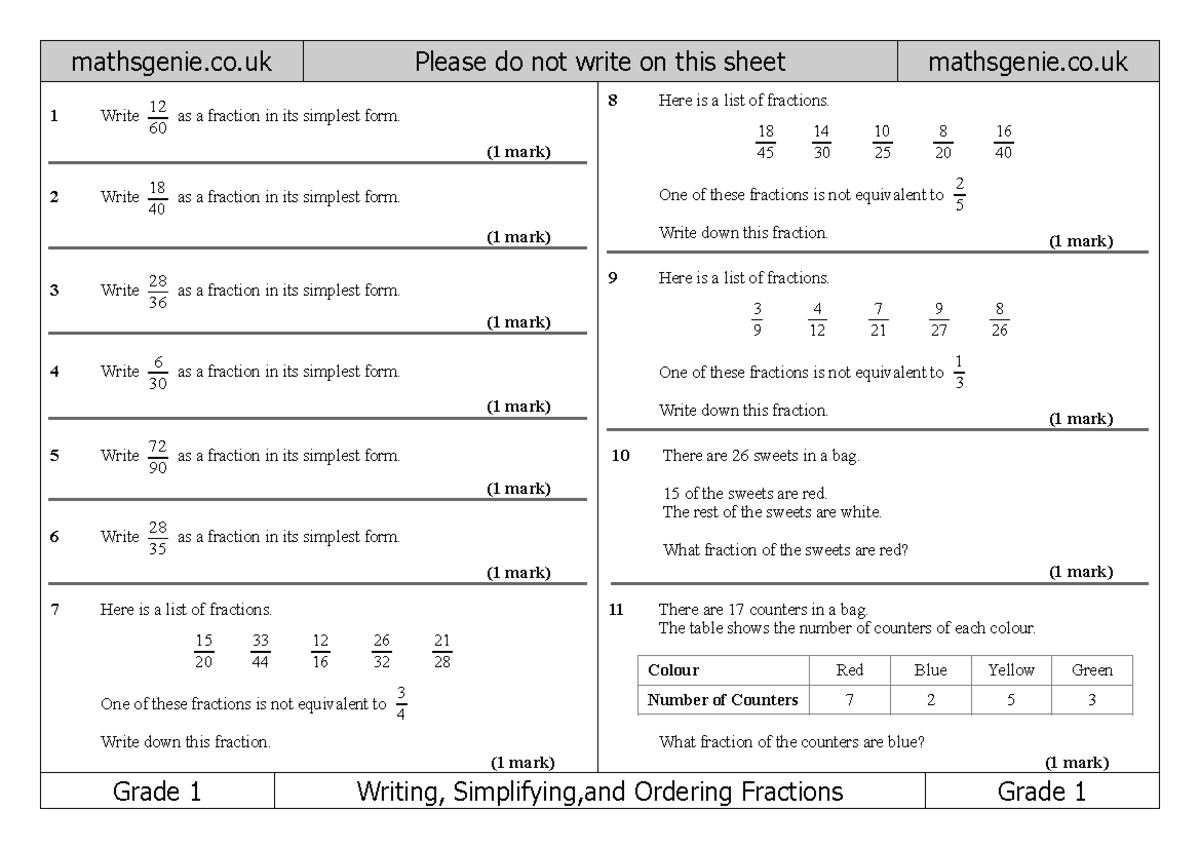 Grade 1 Maths: Writing, Simplifying, and Ordering Fractions WS - Studocu