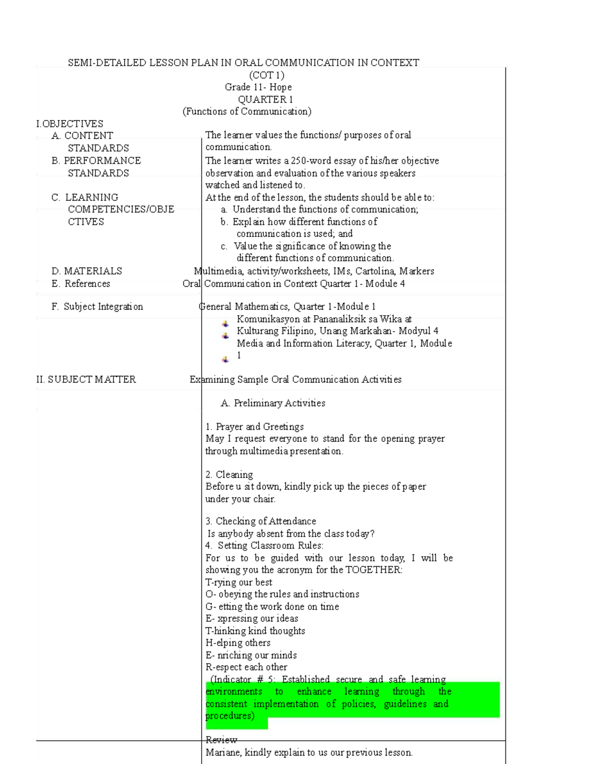 LESSON PLAN IN ORAL COMMUNICATION IN CONTEXT (COT 1) - Q1 Functions ...