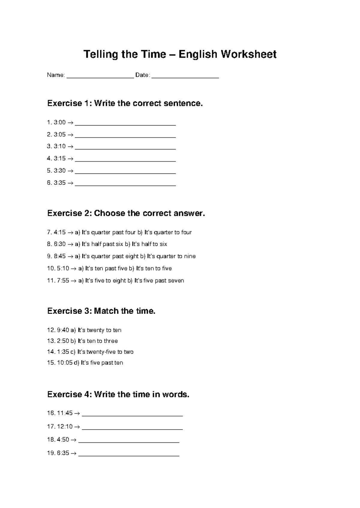 Telling the Time English Worksheet: Full Minutes Exercise - Studocu