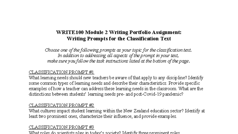 WRITE100 Module 2: Classification Text Writing Prompts Guide - Studocu