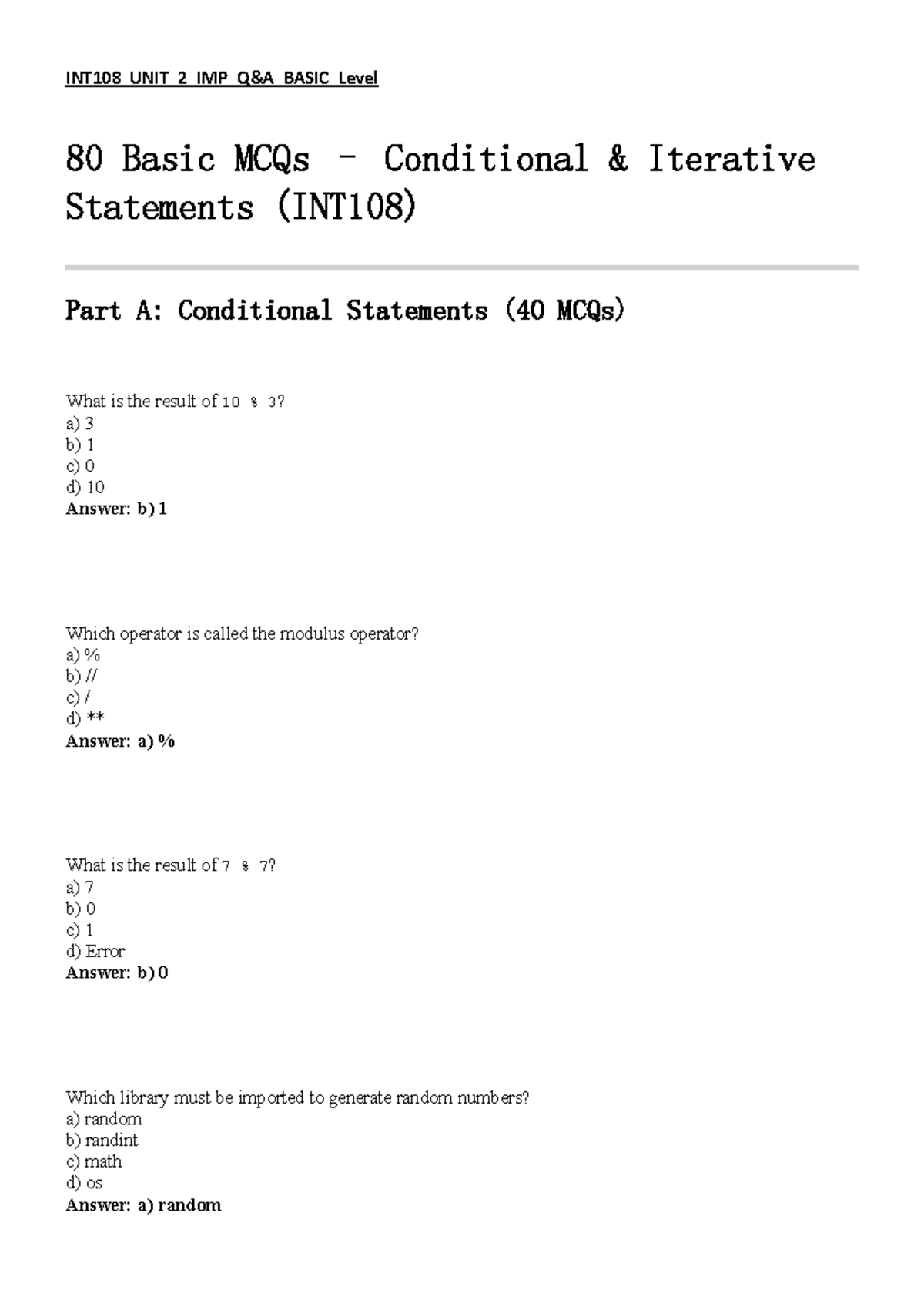 INT108 Conditional & Iterative Statements MCQs - Unit 2 Q&A - Studocu