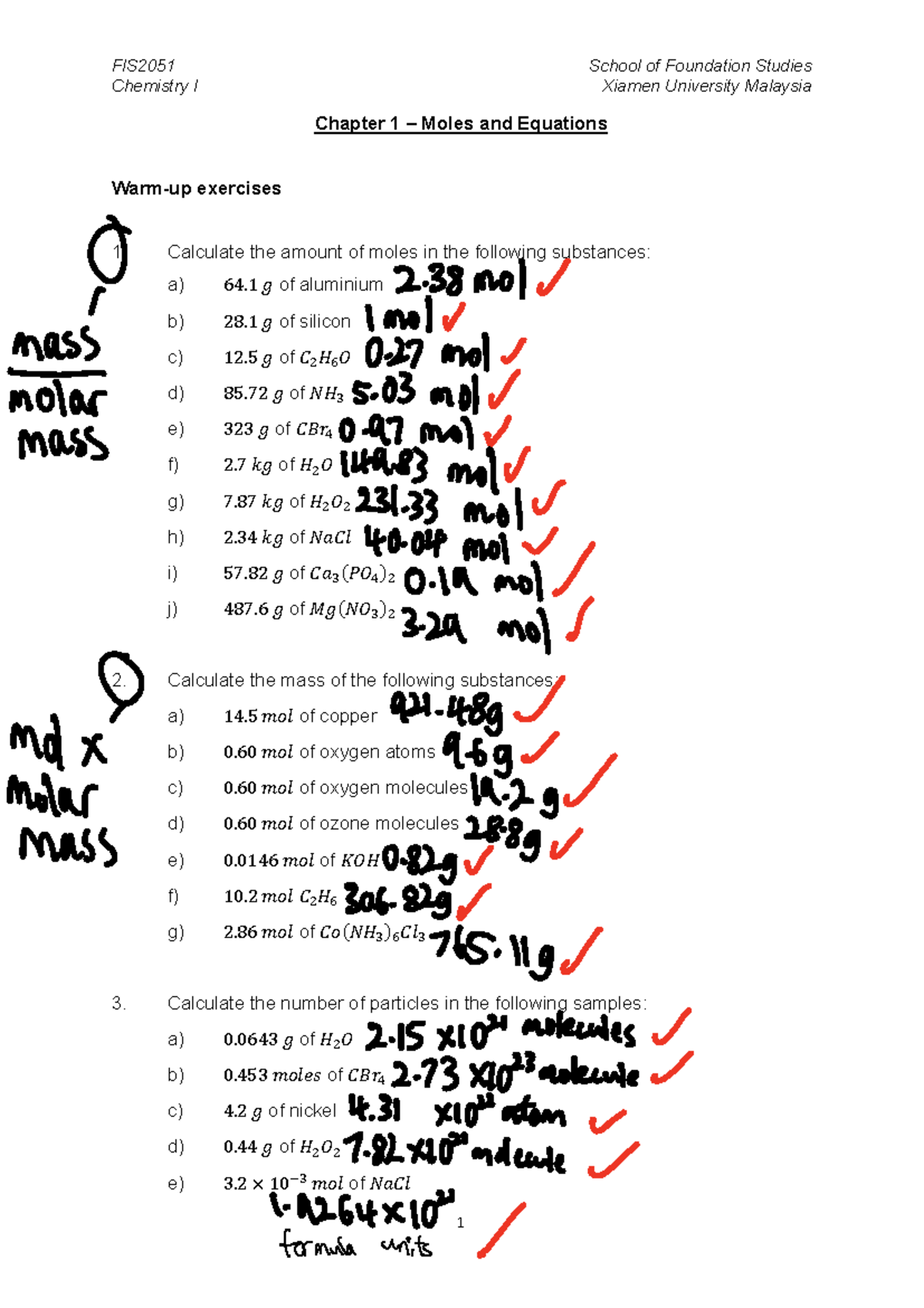 FIS2051 Chemistry I Tutorial 1: Moles, Equations & Gas Laws - Studocu